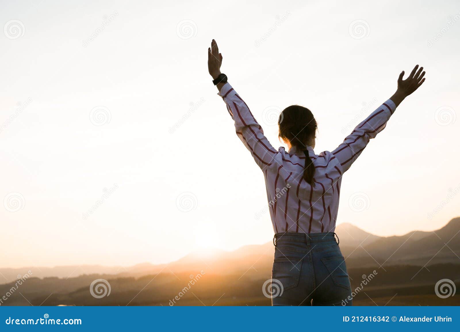 Happy Woman. Sunset in Nature in Summer with Open Hands. Stock Photo ...