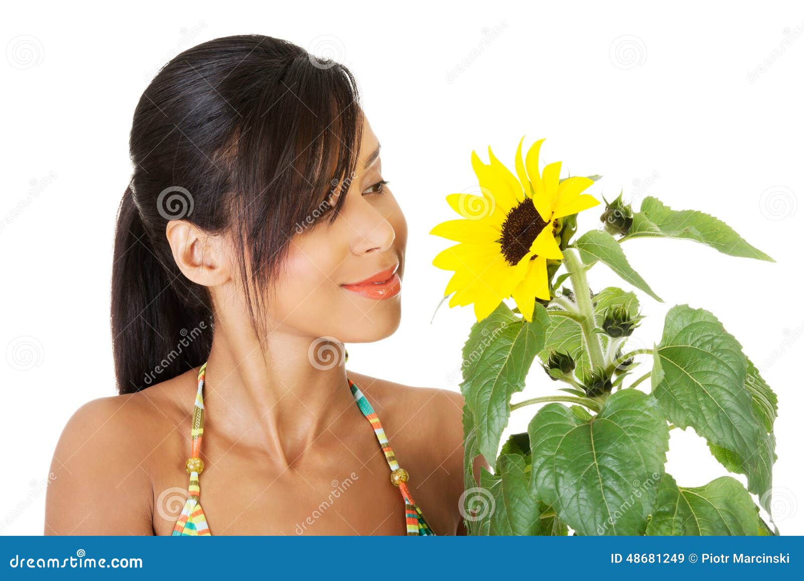 Happy Woman In Swimwear Holding A Sunflower Stock Image Image Of