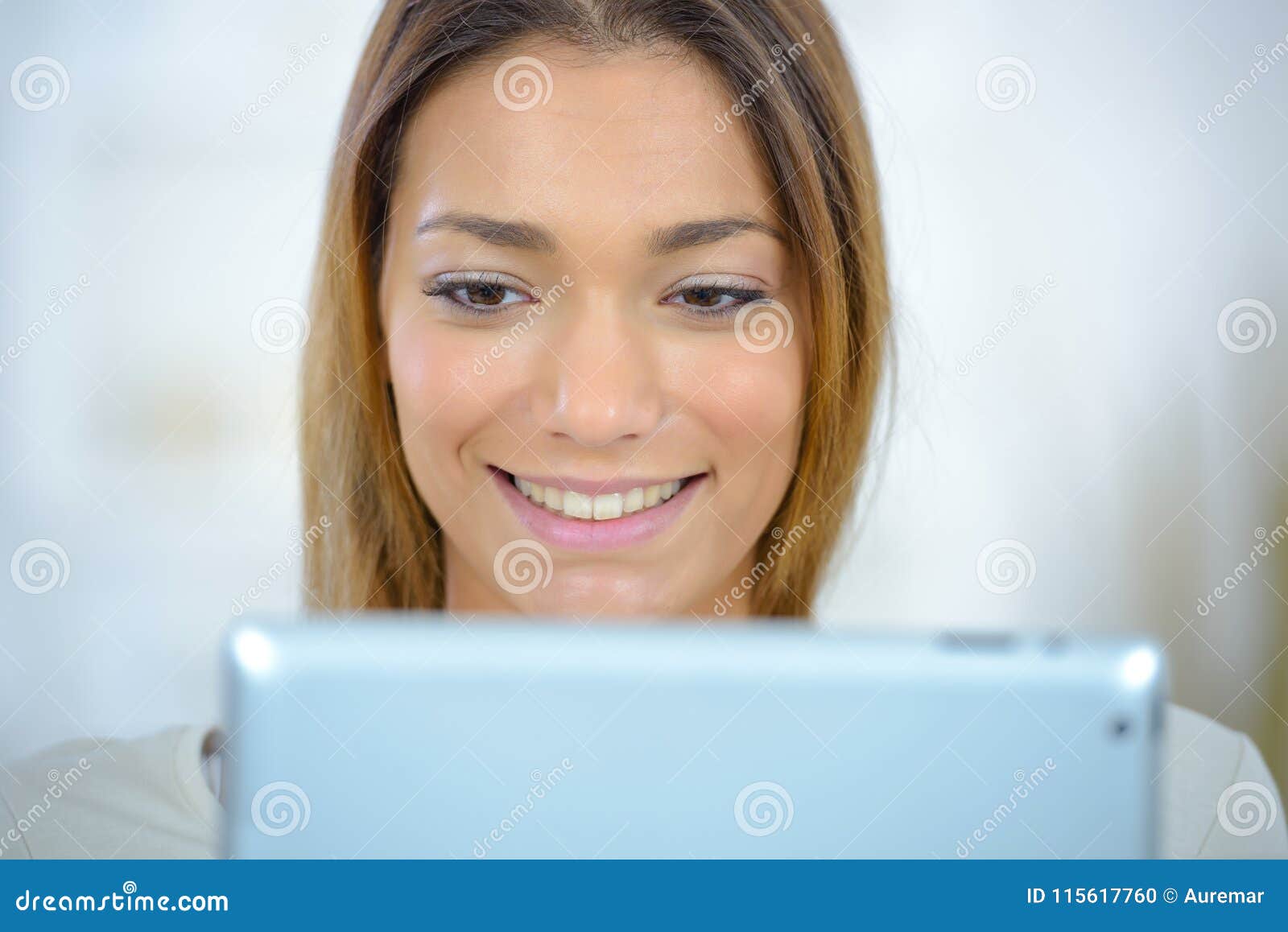 Happy woman with tablet stock photo. Image of beautiful - 115617760