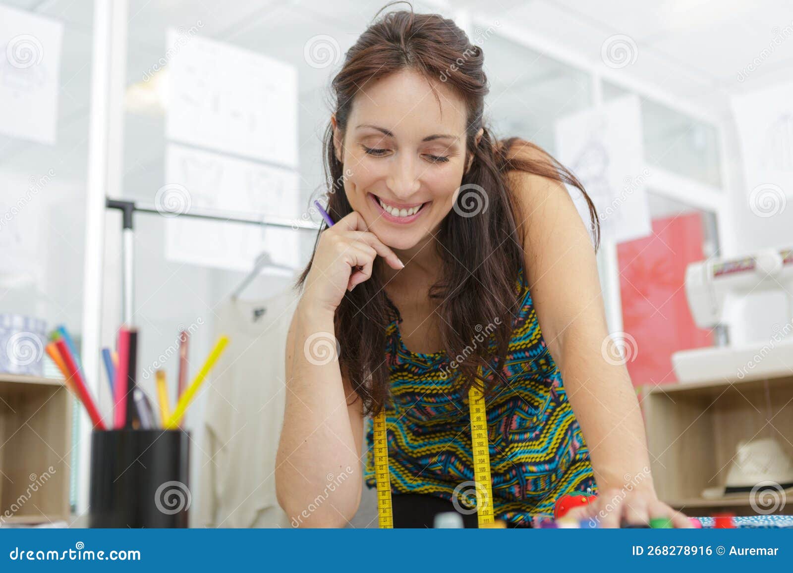 Happy Woman Tailor Looking at Desk Stock Photo - Image of model, beauty ...