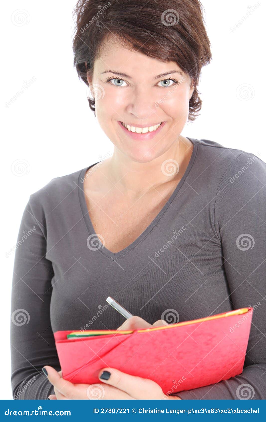 Happy woman taking notes stock image. Image of portrait - 27807221