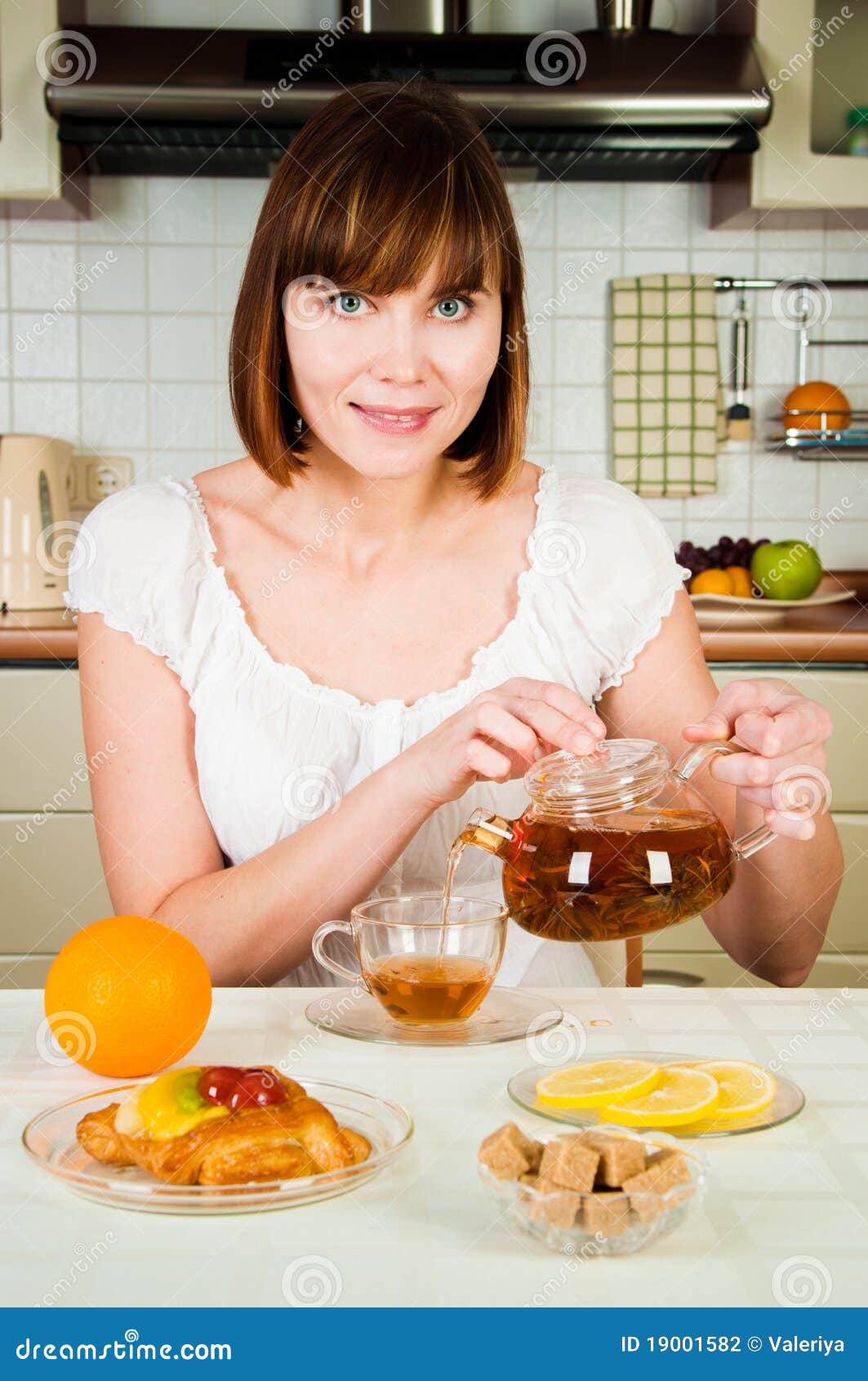 Happy woman with tea stock photo. Image of cheerful, people - 19001582