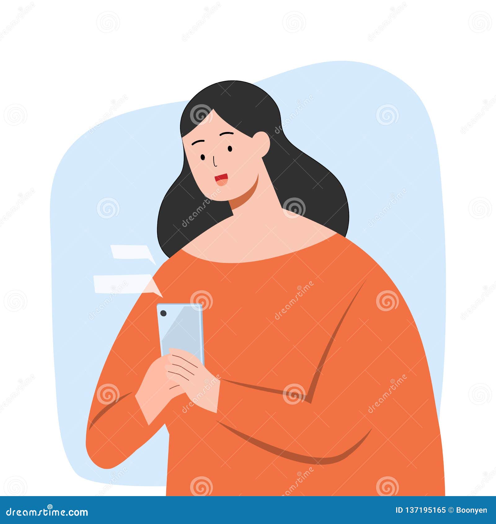 Happy Woman Texting Message on Smartphone, Vector Character ...