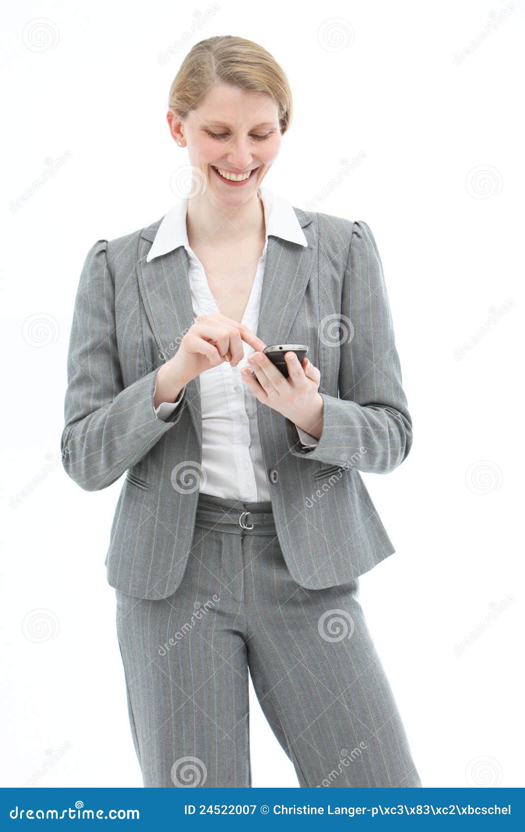 Happy Woman Texting on Mobile Stock Image - Image of female, standing ...