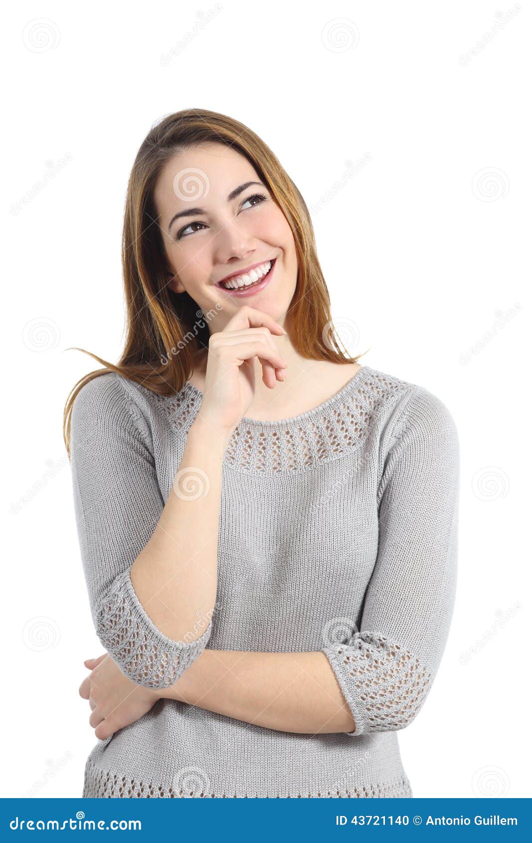 Happy Woman Thinking and Looking Sideways Stock Photo - Image of adult ...