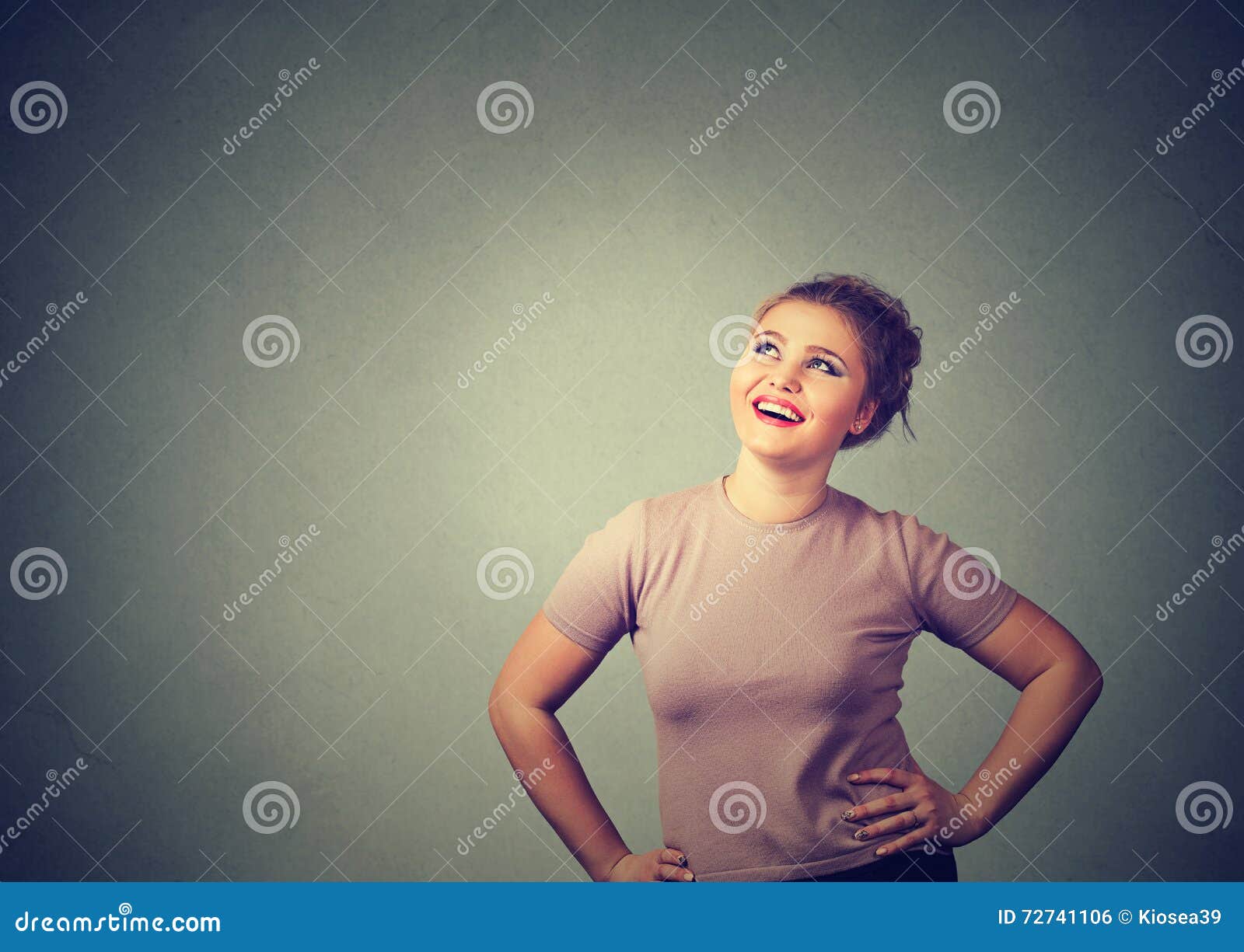 Happy Woman Thinking Looking Up Stock Photo - Image of hispanic, facial ...