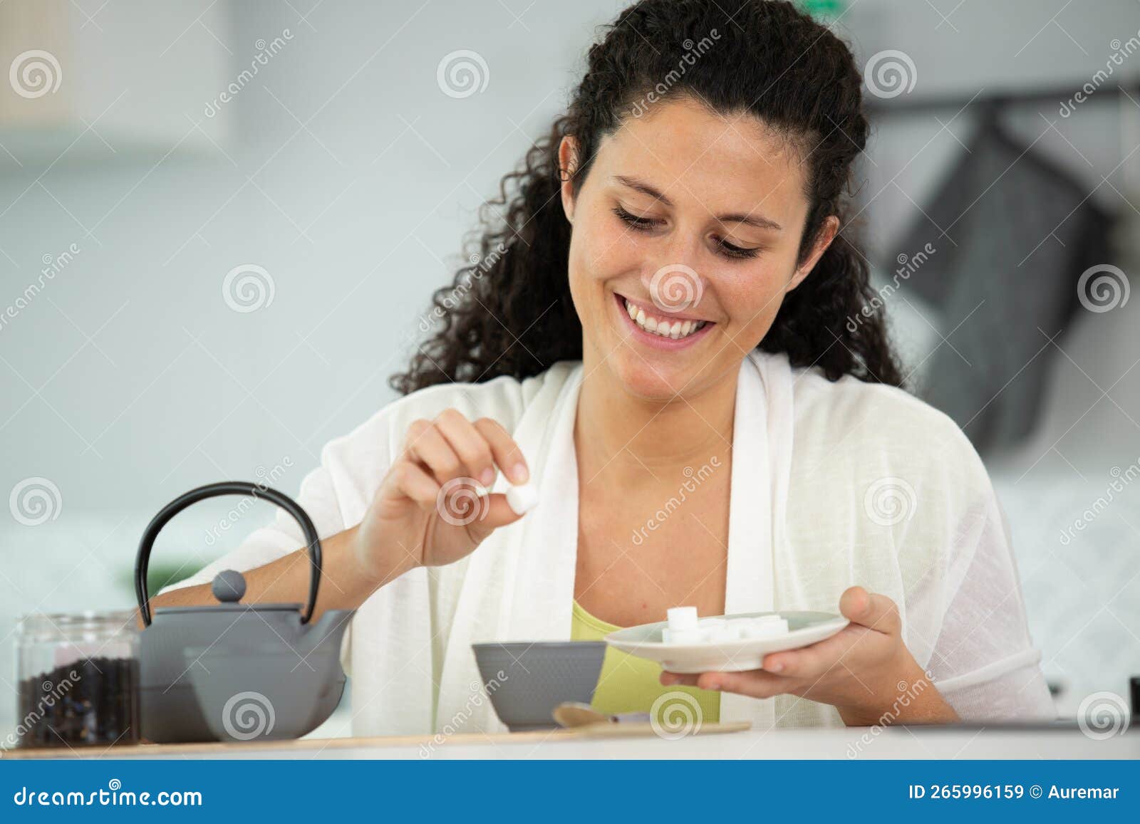 Happy Woman Throwing Sugar into Mug Stock Image - Image of flavour ...