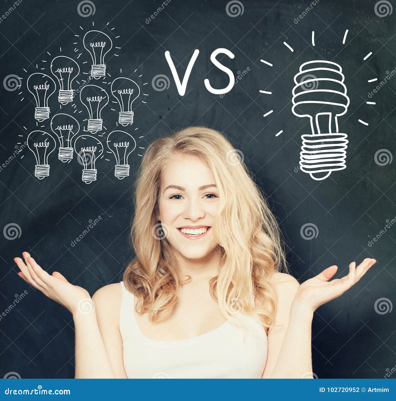 Happy Woman with Traditional and Energy Efficient Light Bulbs Stock ...