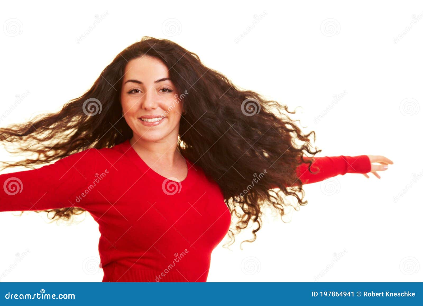 Happy woman turning around stock image. Image of portrait - 197864941
