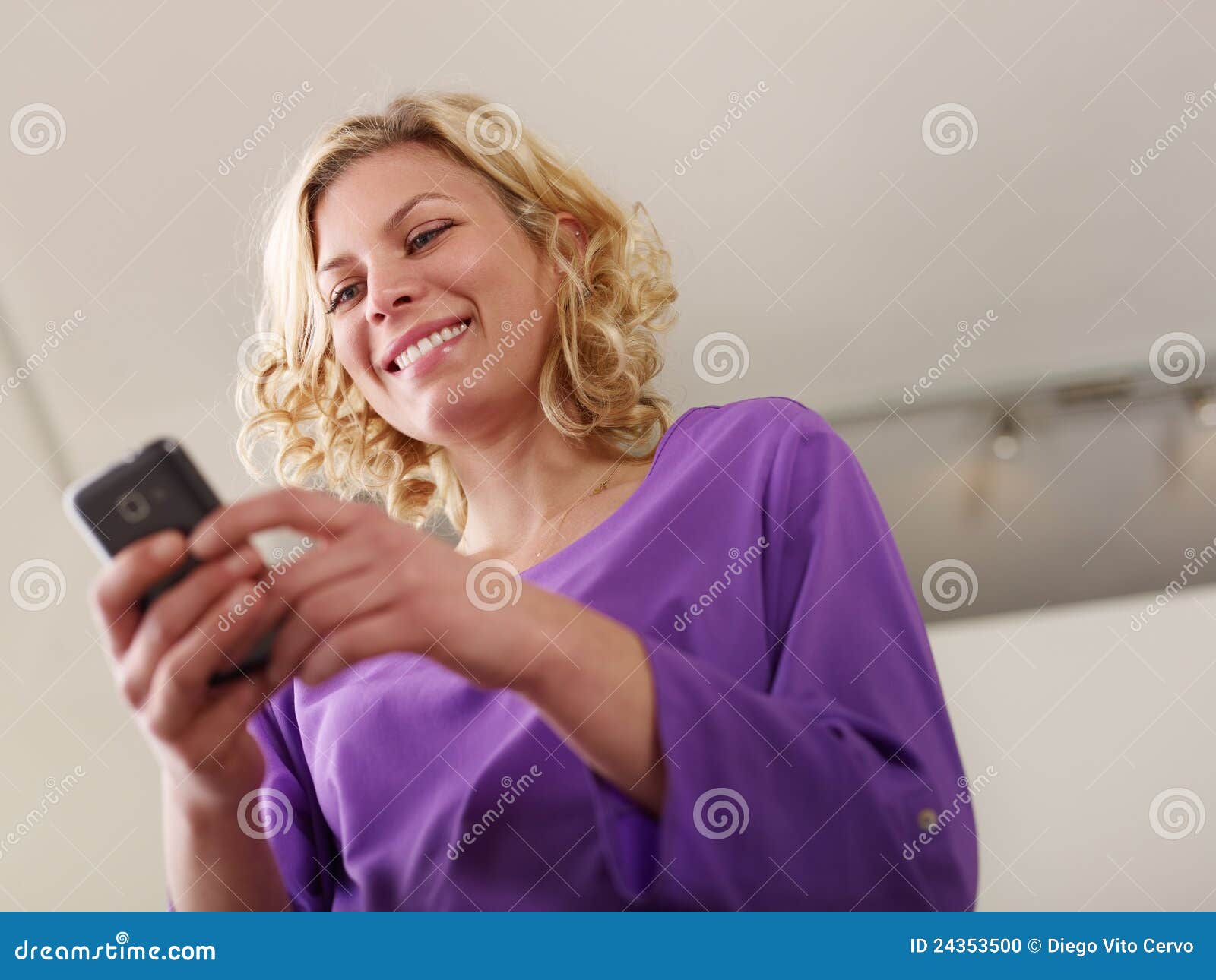 Happy Woman Typing Text Message on Mobile Phone Stock Photo - Image of ...