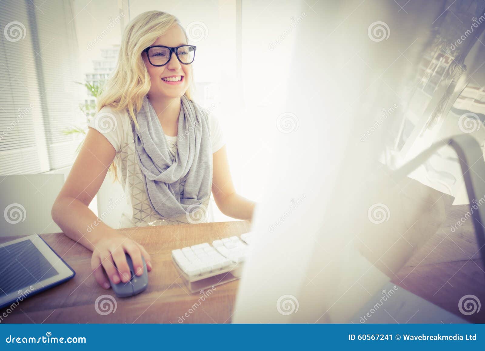 Happy woman using computer stock image. Image of occupation - 60567241