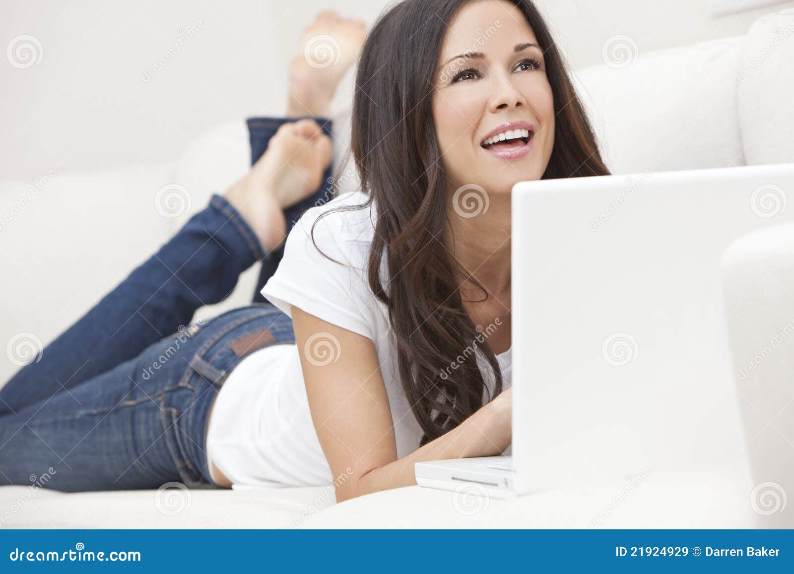 Happy Woman Using Laptop Computer Stock Image - Image of sitting, line ...