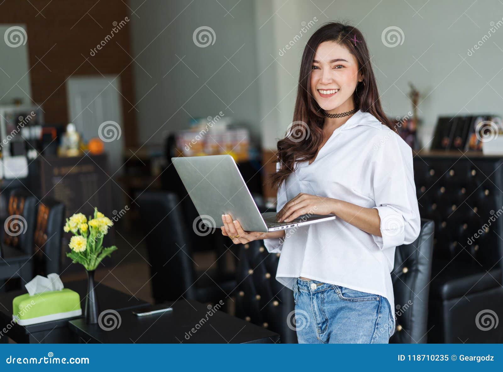 Woman Using Laptop Computer in Cafe Stock Image - Image of cheerful ...
