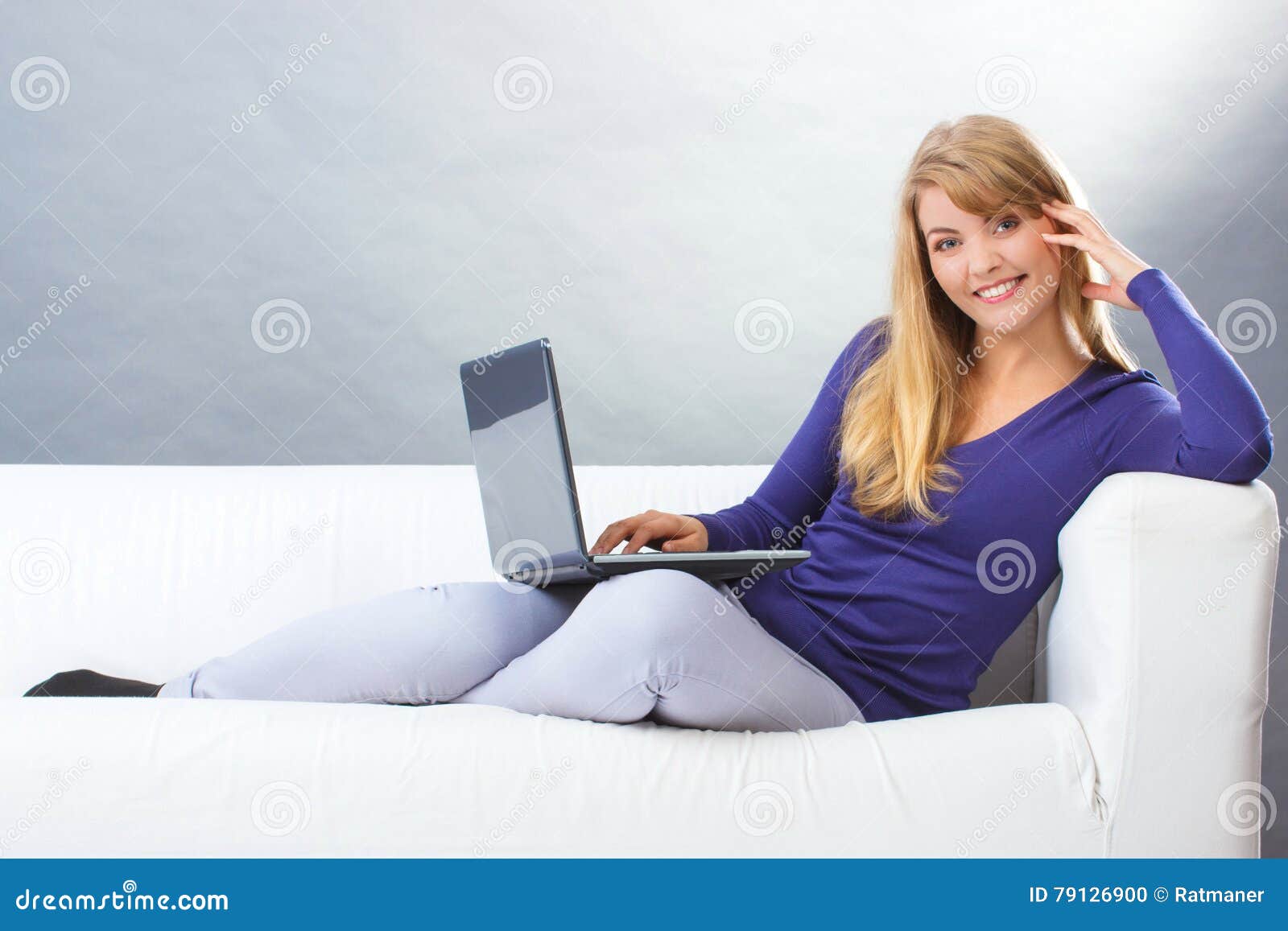 Happy Woman Using Laptop Sitting on Sofa, Modern Technology Stock Photo ...