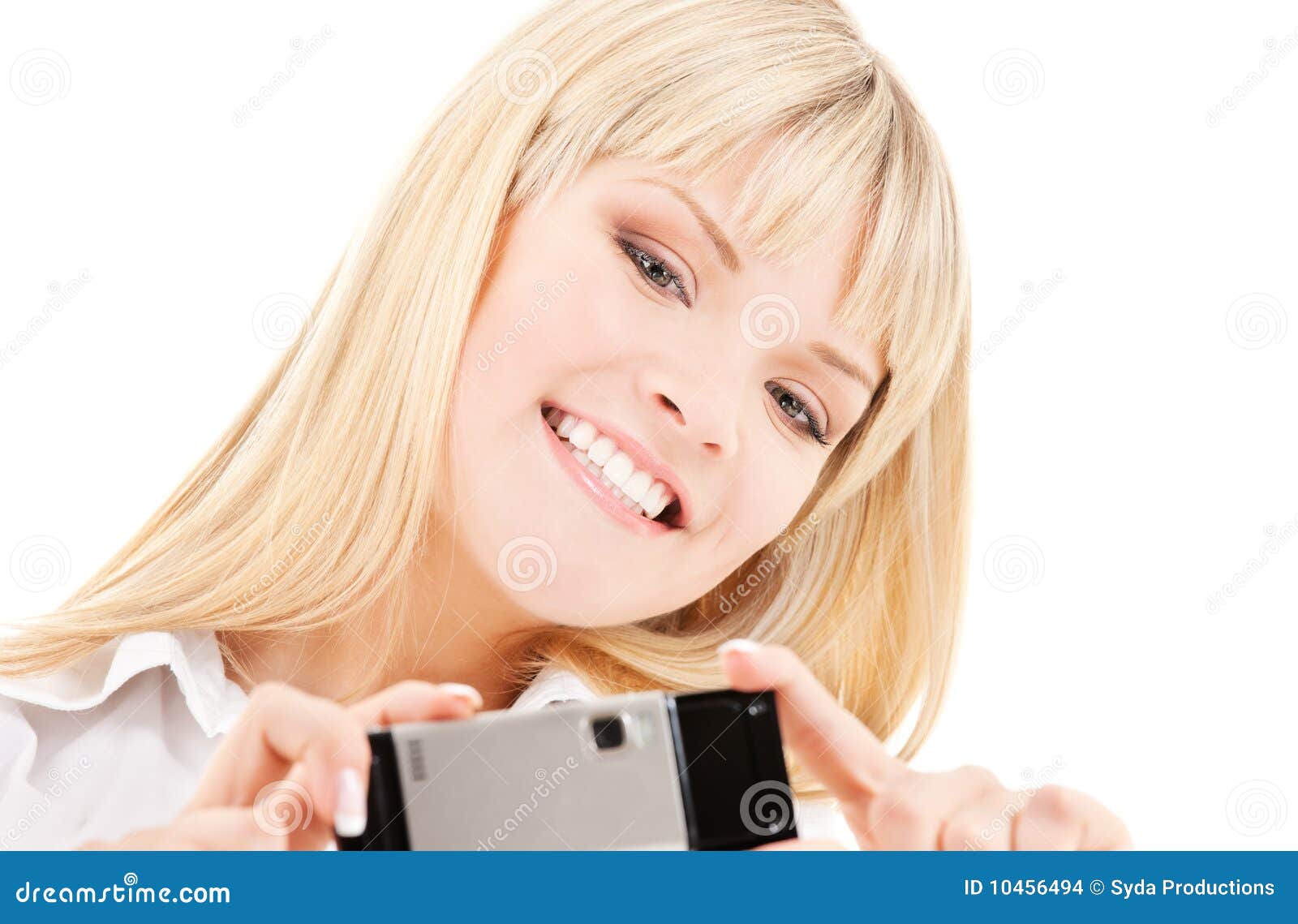 Happy Woman Using Phone Camera Stock Photo - Image of joyful, caucasian ...