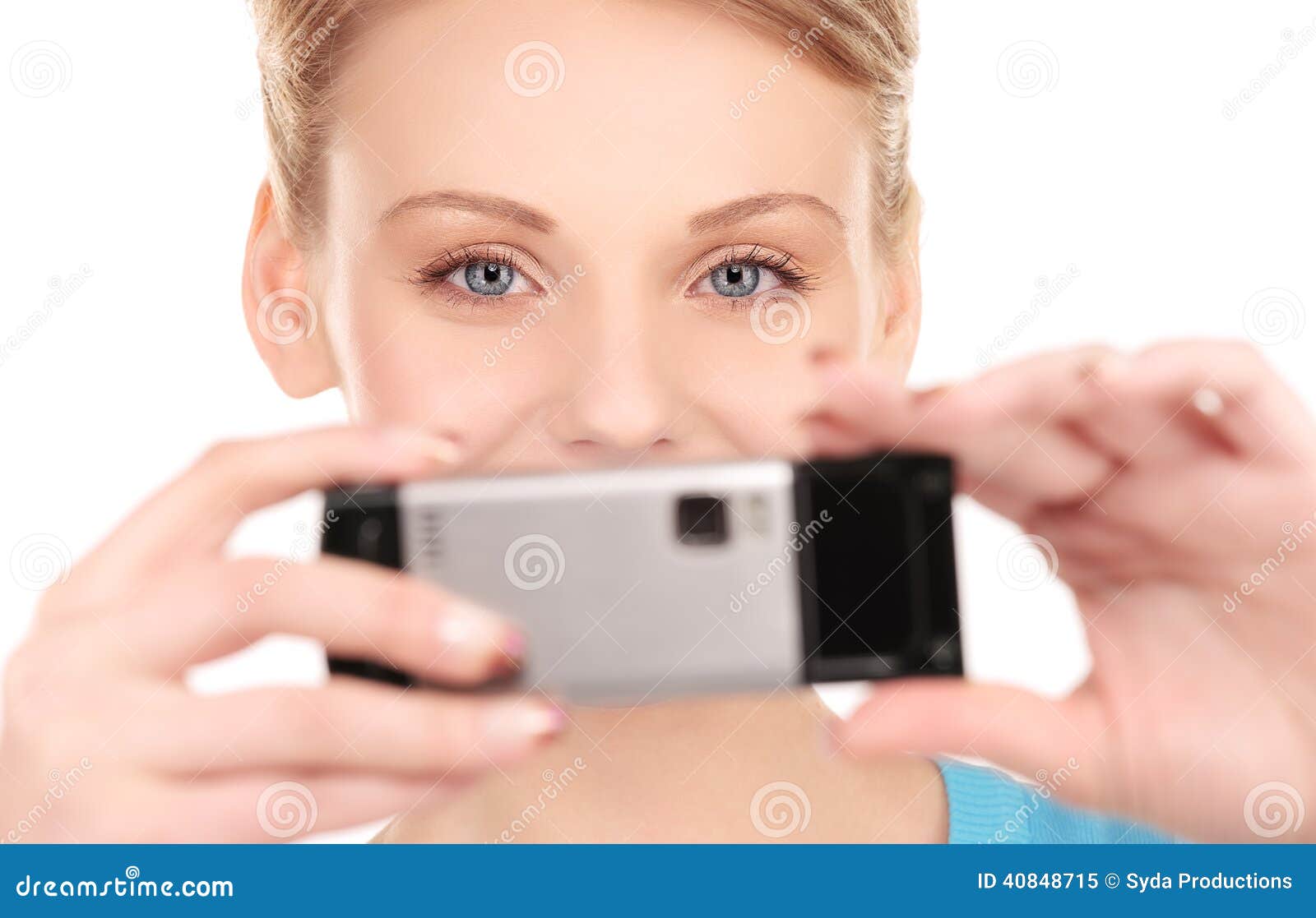 Happy Woman Using Phone Camera Stock Image - Image of mobile, blonde ...