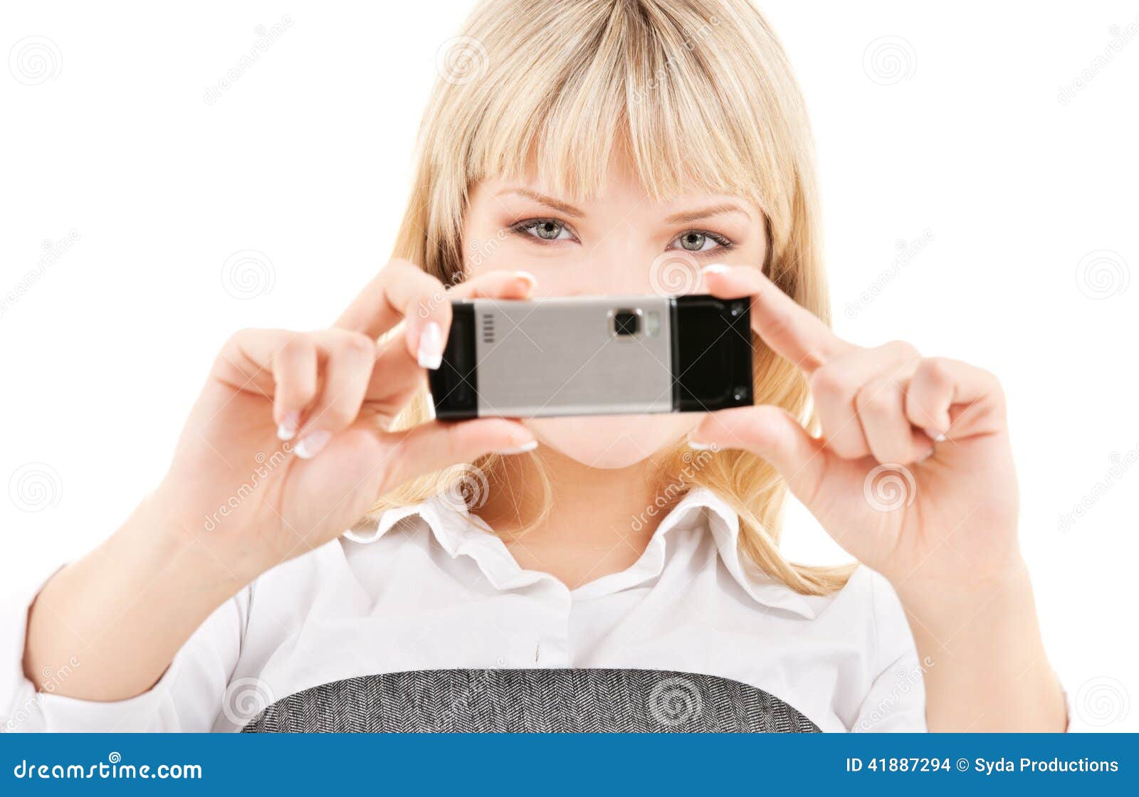 Happy Woman Using Phone Camera Stock Photo - Image of gadget, digital ...