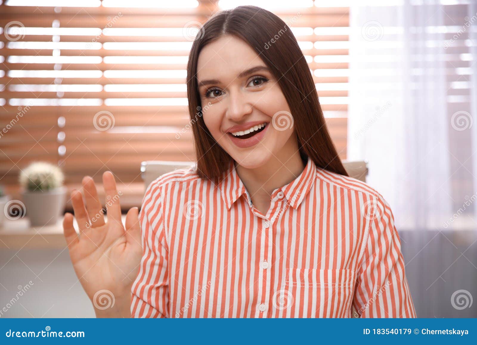 Happy Woman Using Video Chat in Office, View from Web Camera Stock ...