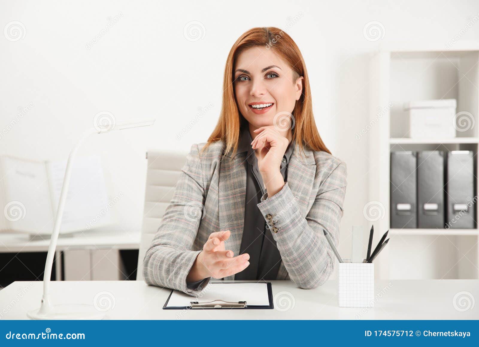 Happy Woman Using Video Chat in Office, View from Web Camera Stock ...