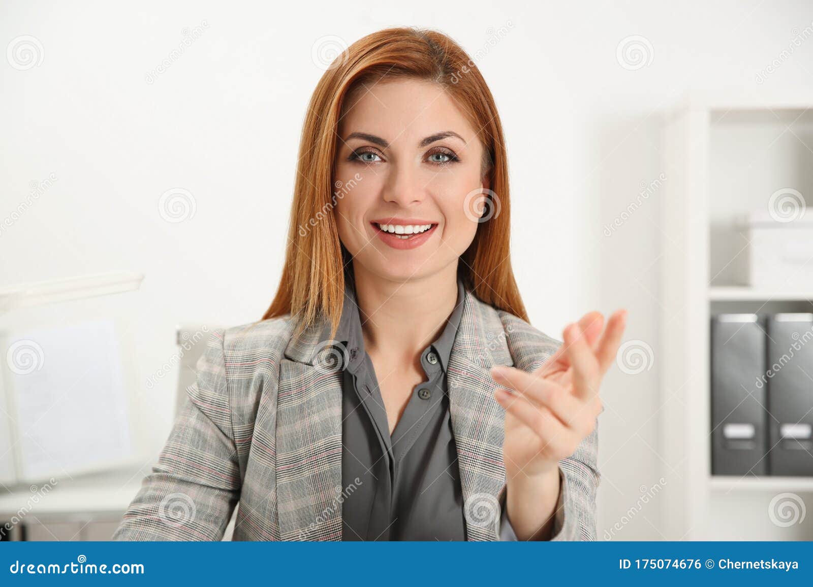 Happy Woman Using Video Chat in Office, View from Web Camera Stock ...