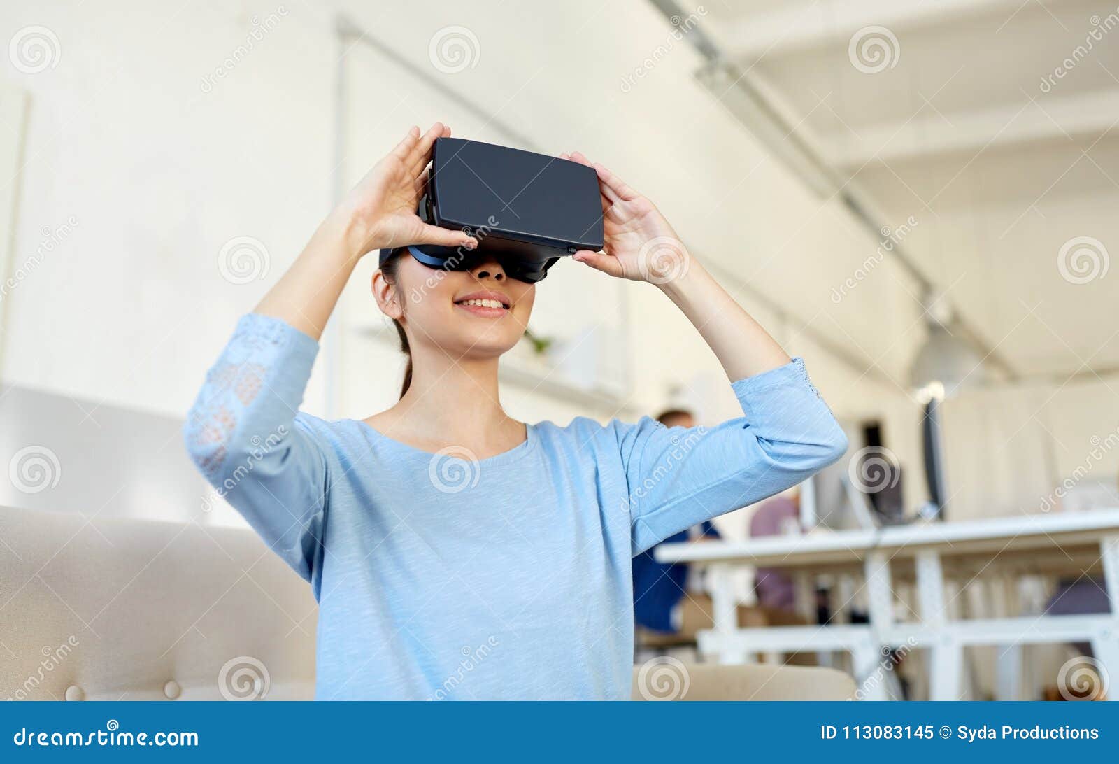 Happy Woman with Virtual Reality Headset at Office Stock Image - Image ...