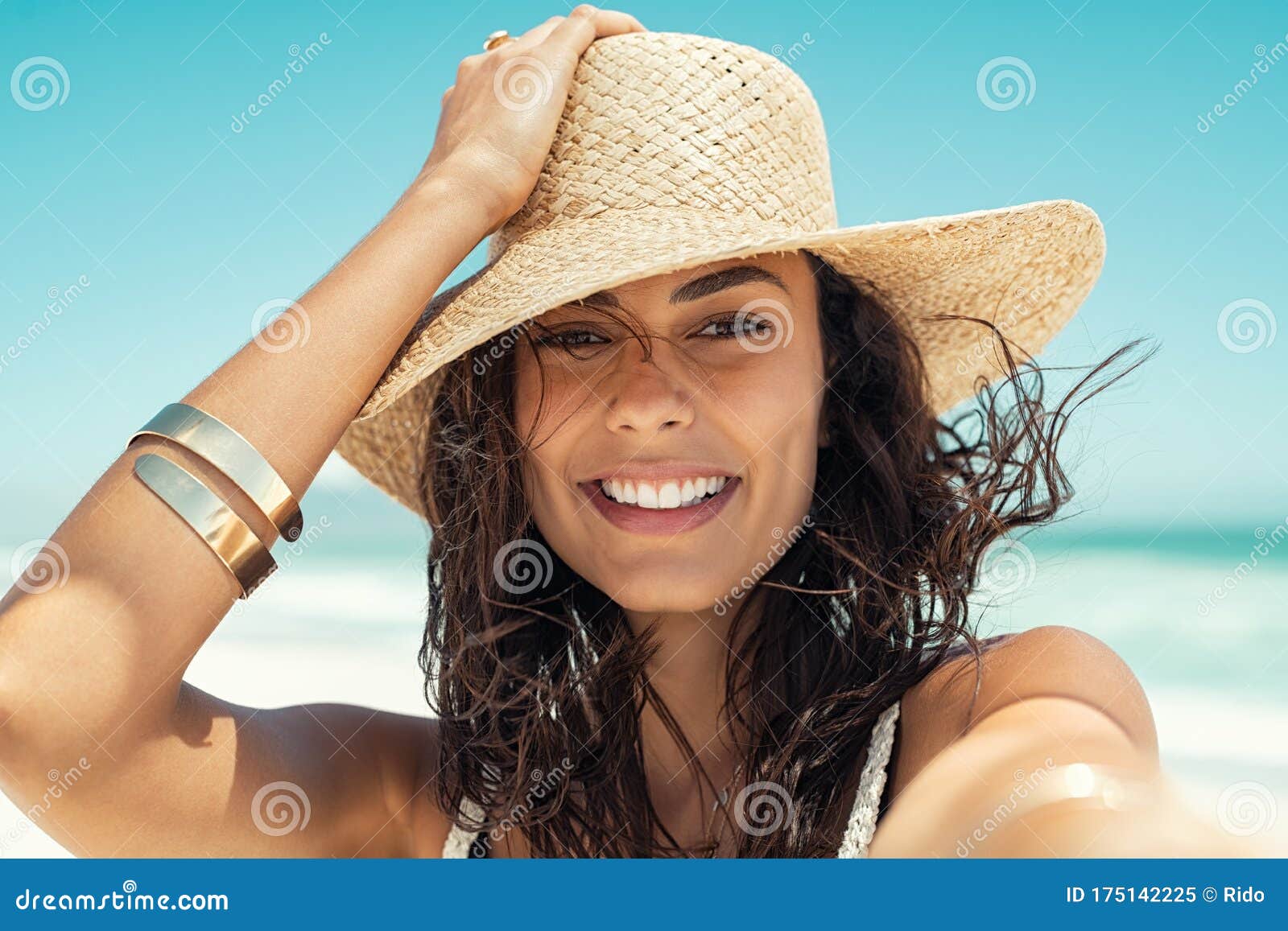 Happy Woman Wearing Straw Hat At Summer Beach Stock Image Image Of