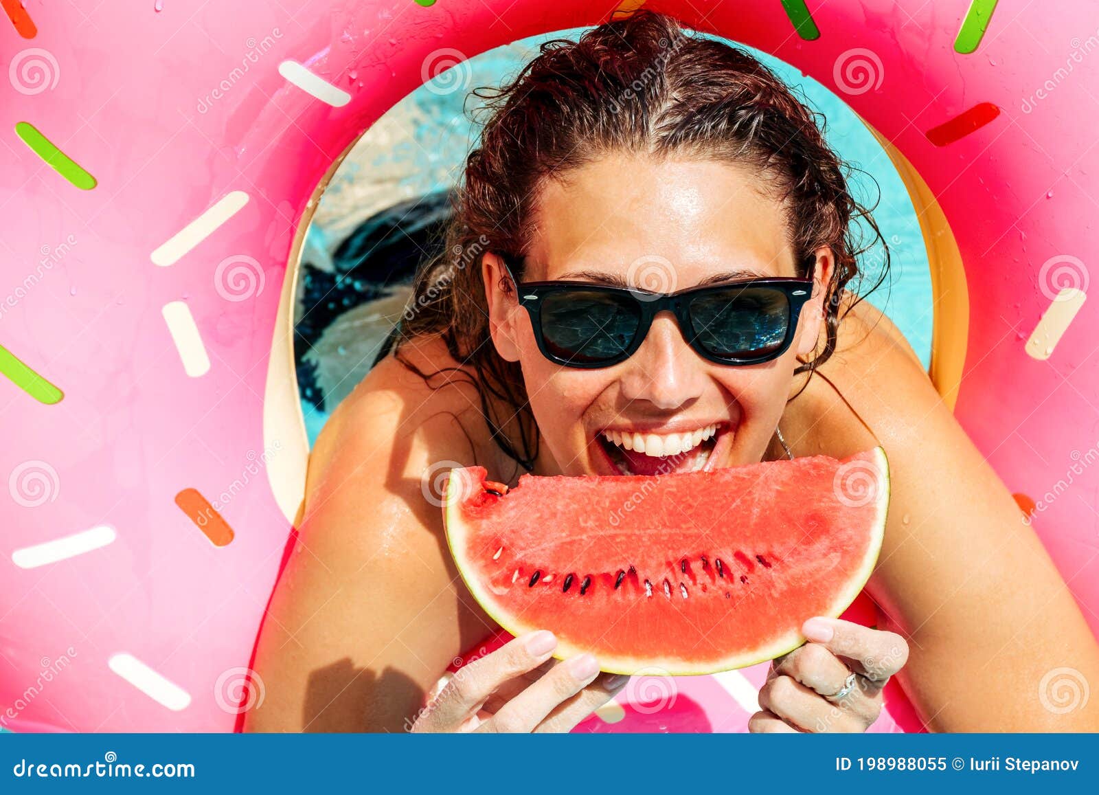 Happy Woman With Red Watermelon Enjoy In Swimming Pool Stock Image