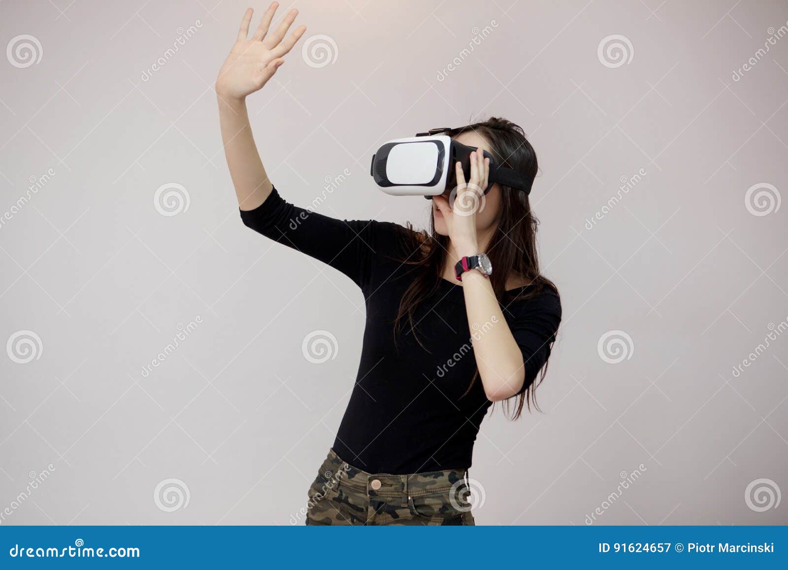 Happy Woman Wearing Virtual Reality Goggles Stock Image - Image of girl ...