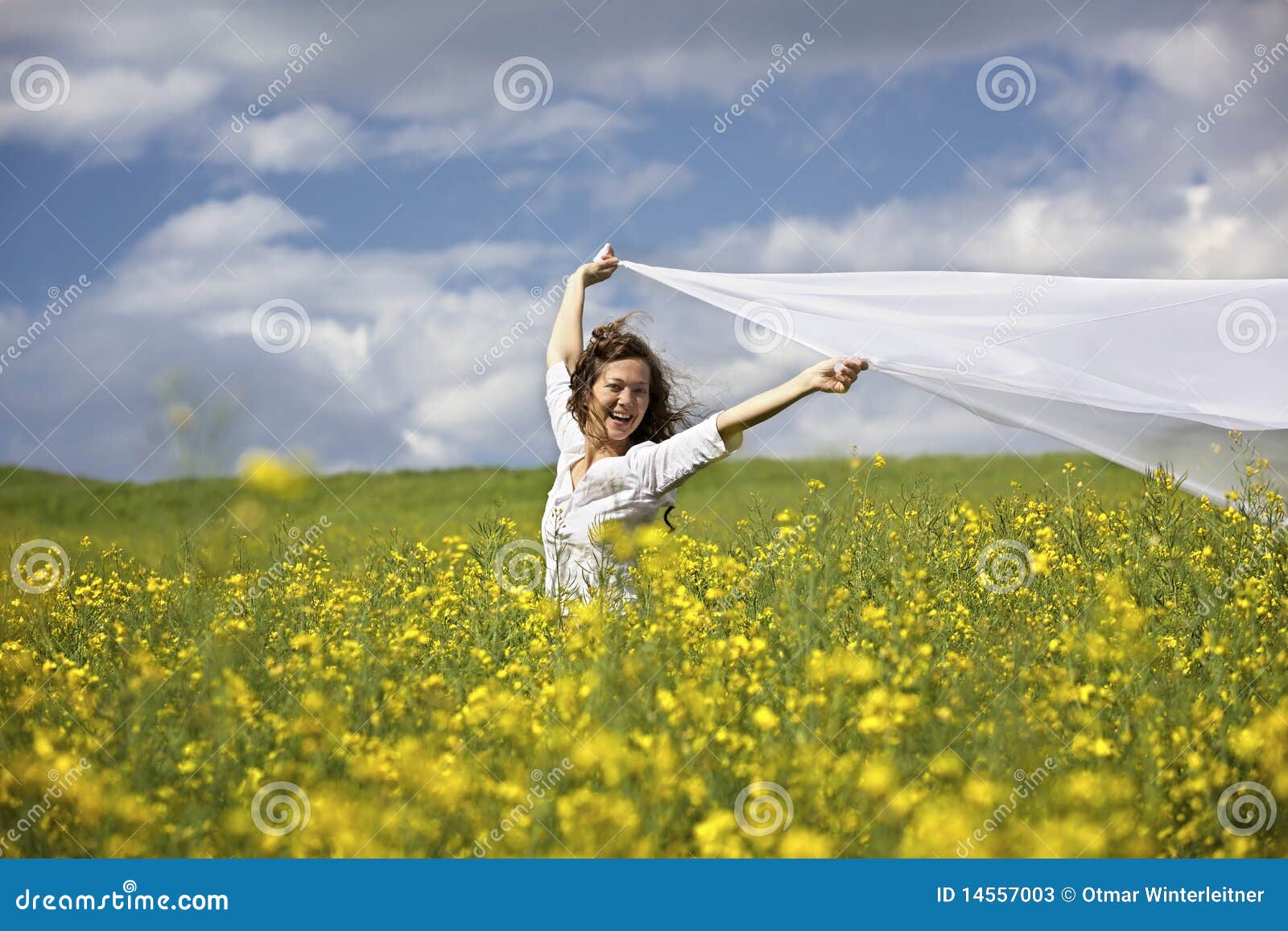 Happy Woman with White Piece of Cloth in Wind Stock Image - Image of ...