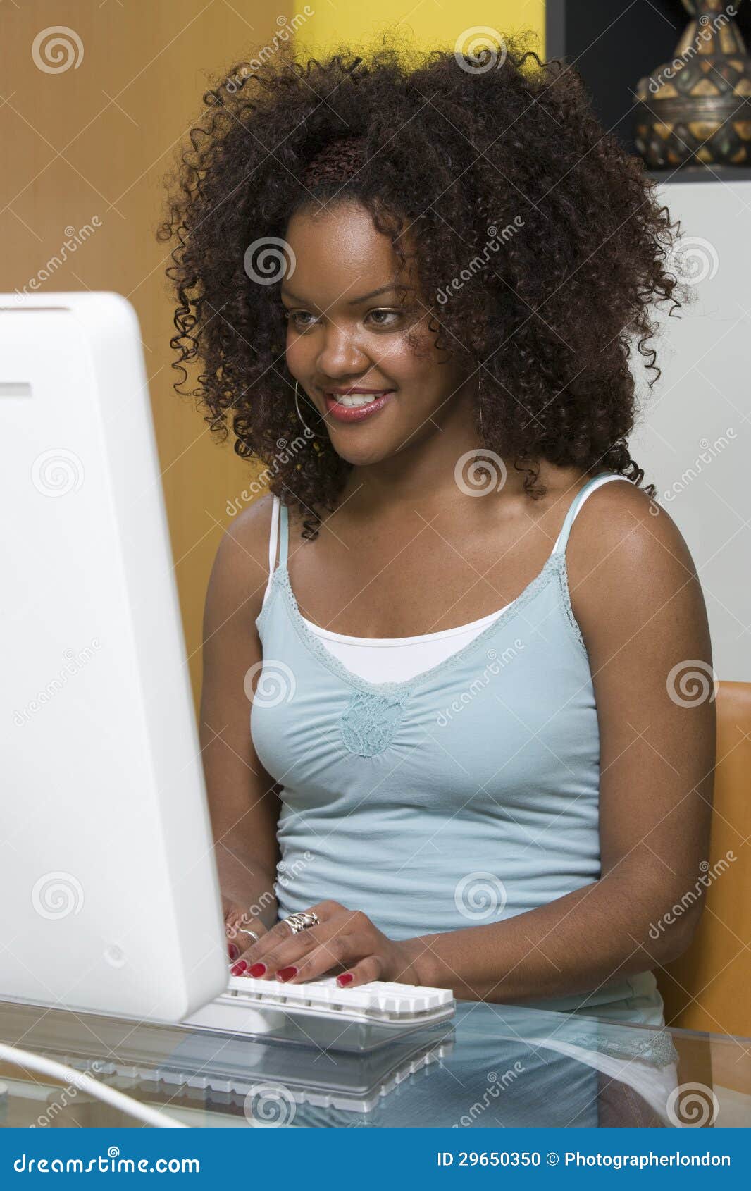 Happy Woman Working on Computer Stock Photo - Image of sitting, african ...