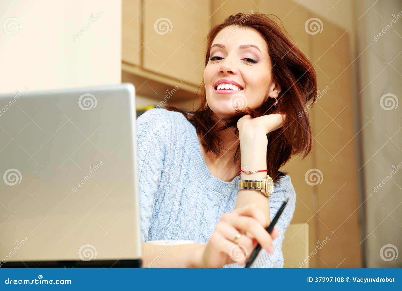 Happy woman working stock photo. Image of blue, beautiful - 37997108