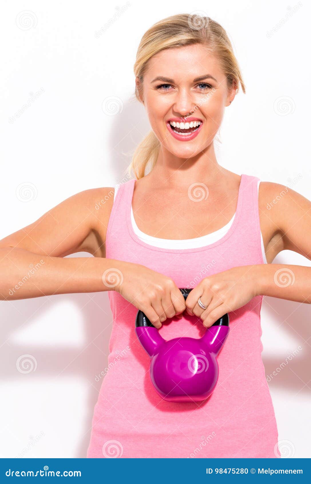 Happy Woman Working Out with Kettlebell Stock Photo - Image of cheerful ...