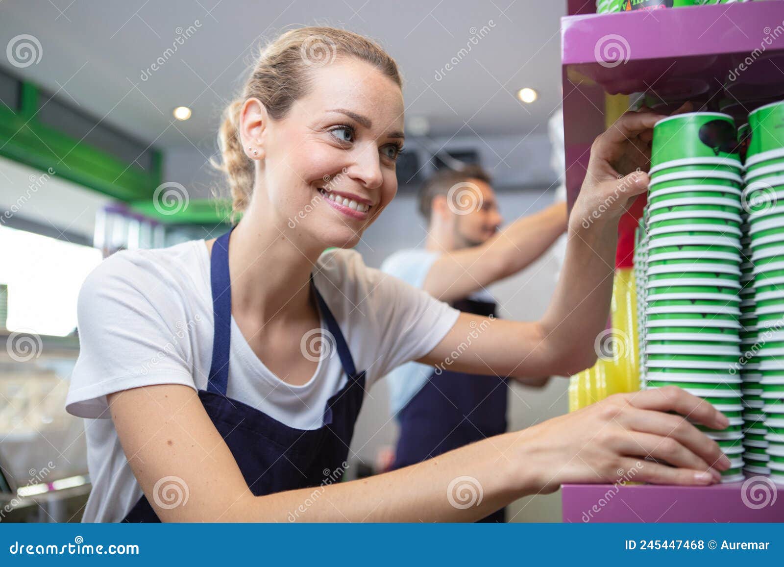 Happy Woman Works at Ice Cream Stock Photo - Image of shop, employee ...