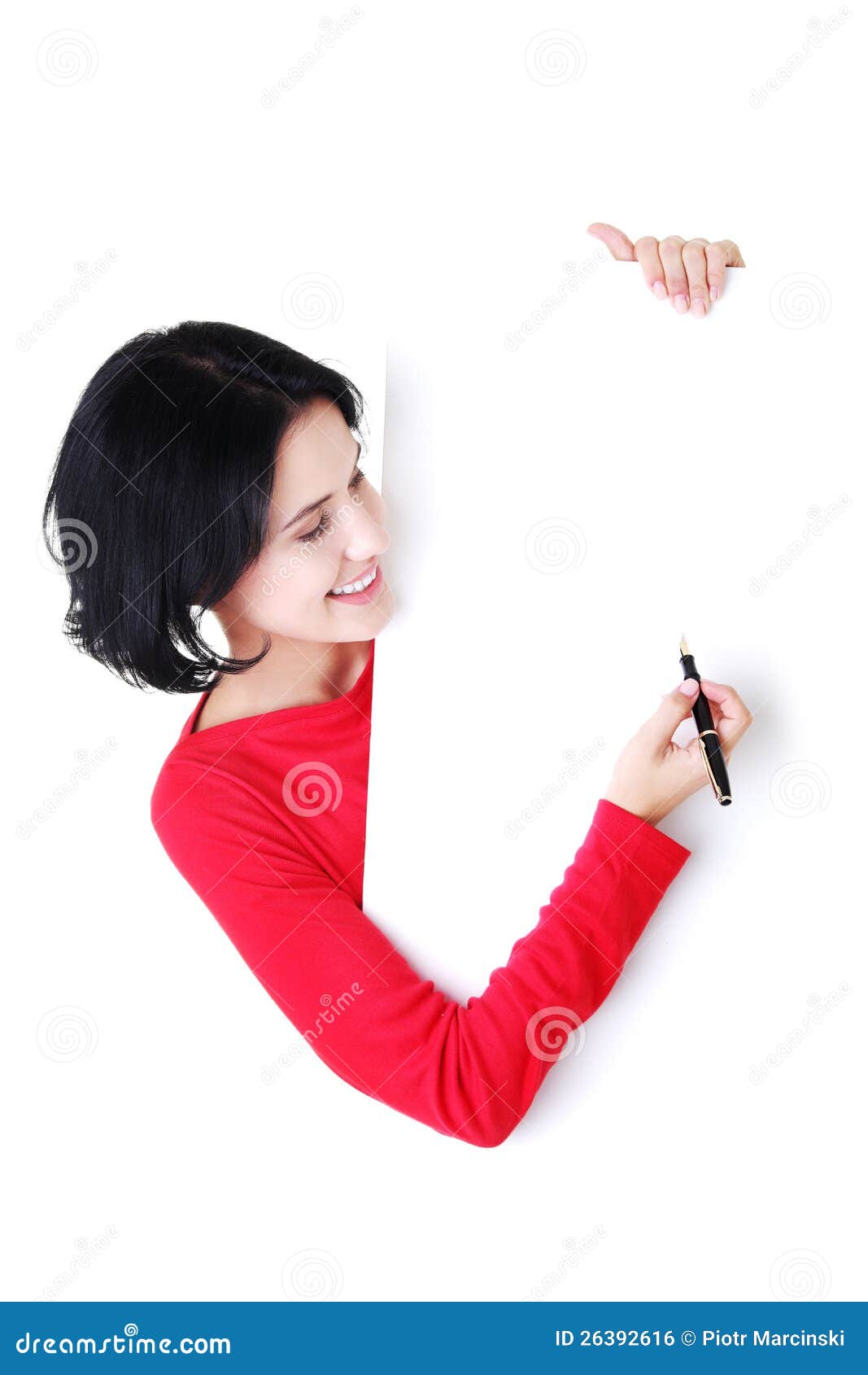 Happy Woman Writing with a Pen on Blank Board. Stock Photo - Image of ...
