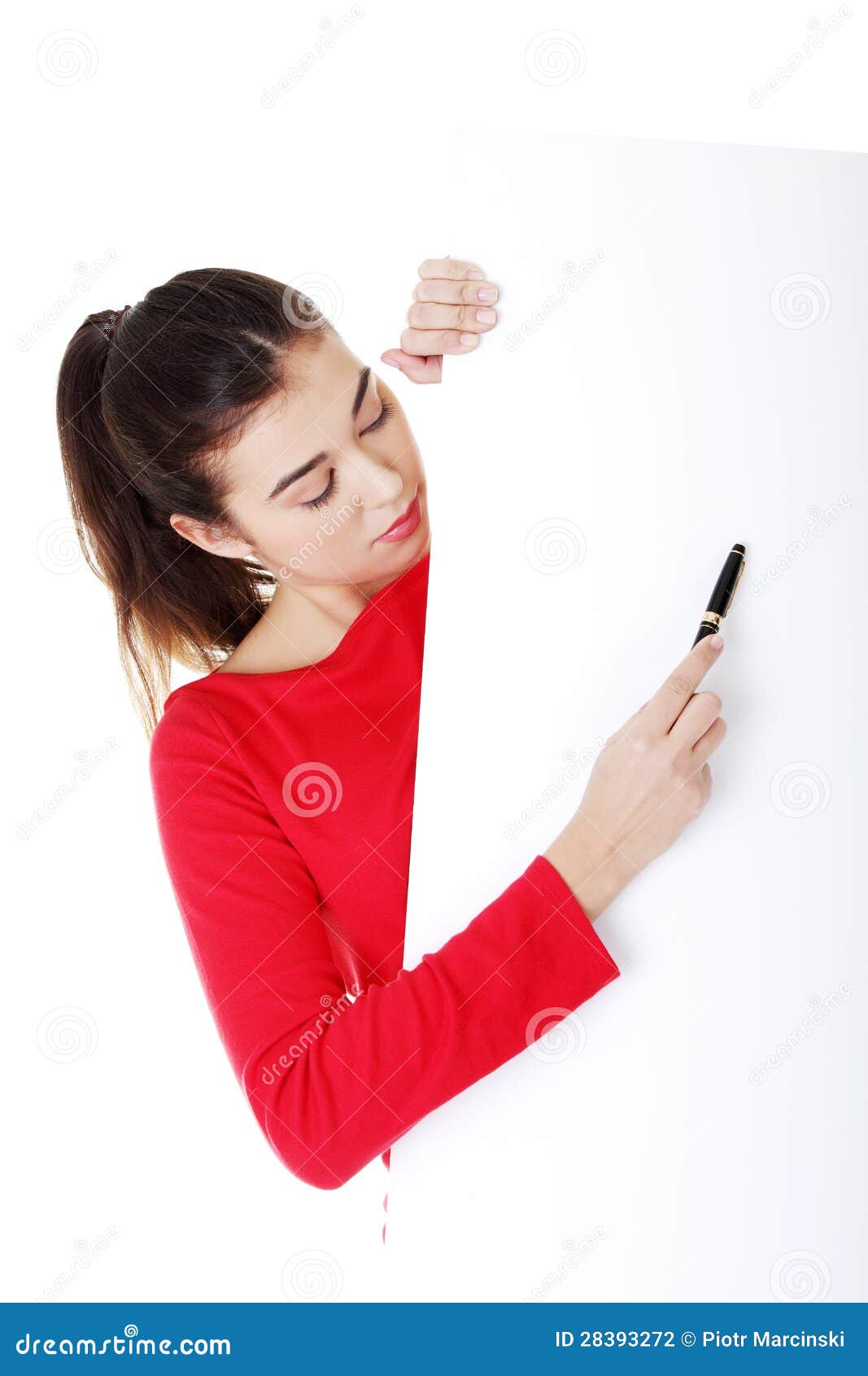 Happy Woman Writing With A Pen On Blank Board. Stock Photo - Image of ...