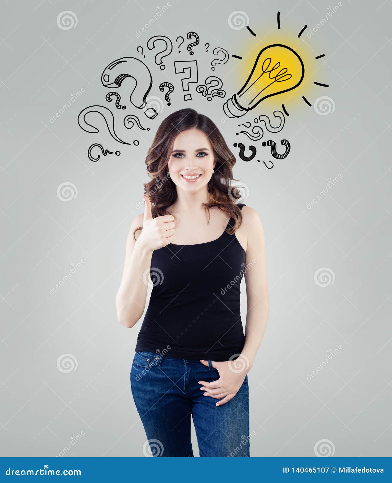 Happy Woman with Yellow Lightbulb Showing Thumb Up. Brainstorm, Ideas ...
