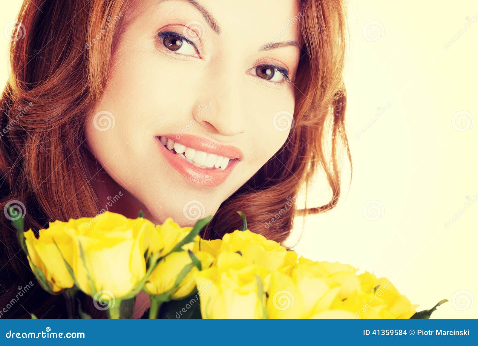 Happy Woman with Yellow Roses Stock Photo - Image of blossom, holiday ...