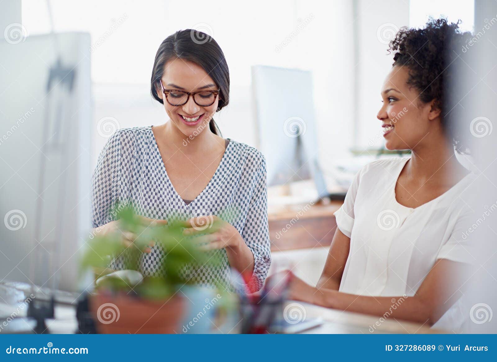 Happy, Women and Discussion on Computer in Office for Creative Planning ...