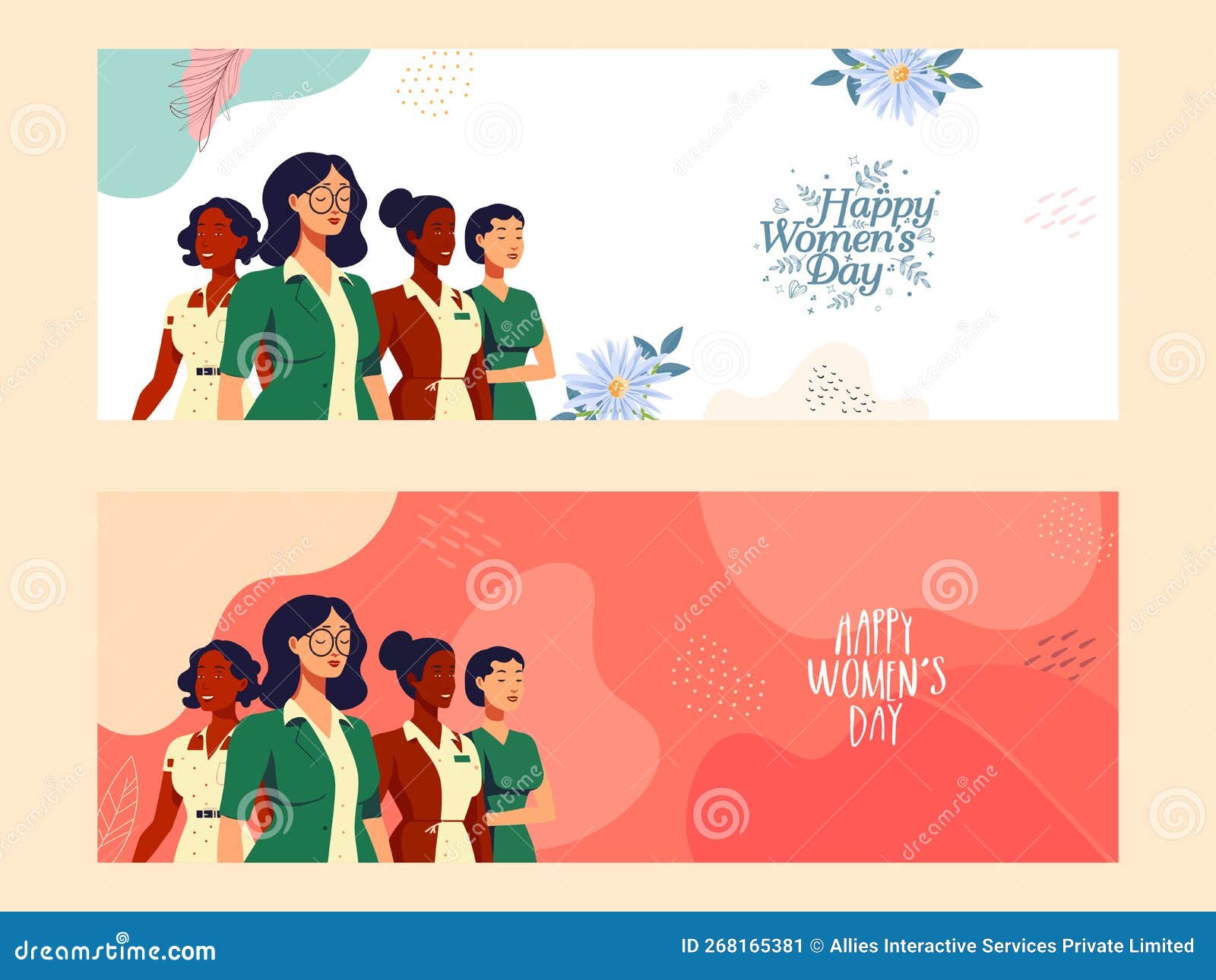 Happy Women S Day Banner or Header Set with Group of Young Women Stock ...