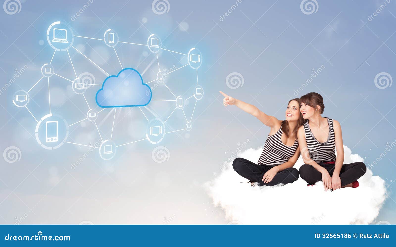 Happy Women Sitting on Clous with Cloud Computing Stock Photo - Image ...