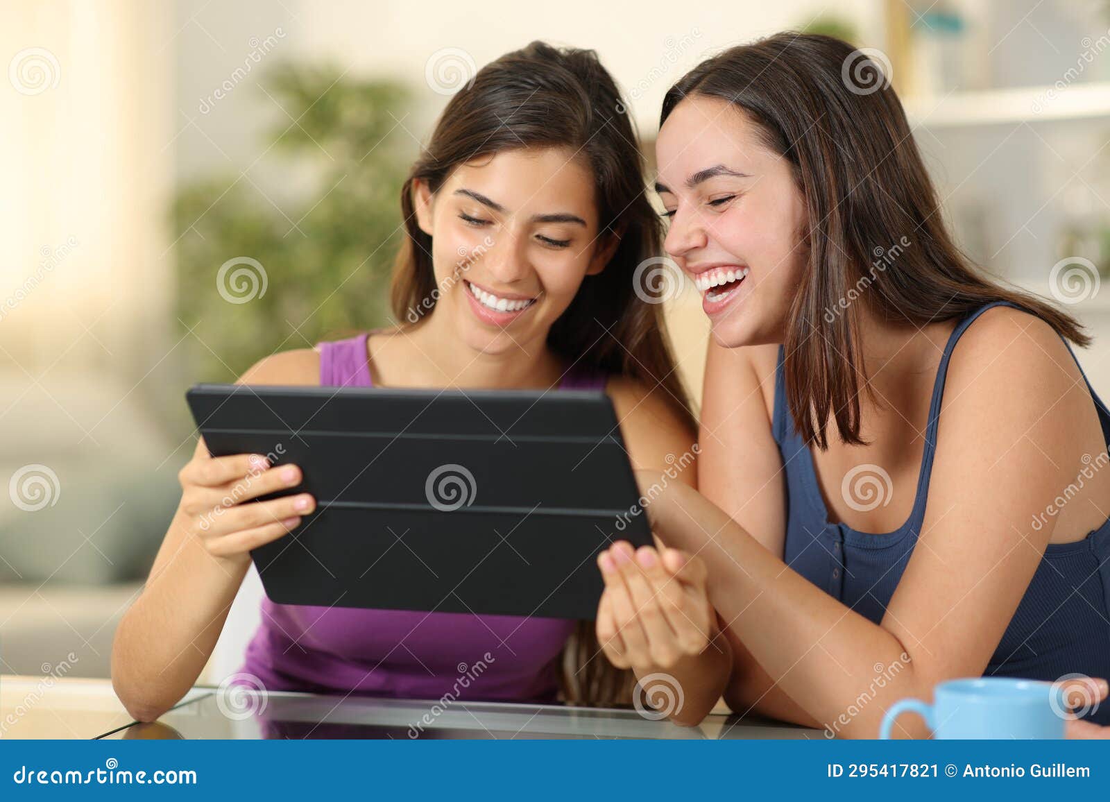 Happy Women Using Tablet at Home Stock Image - Image of social, joyful ...