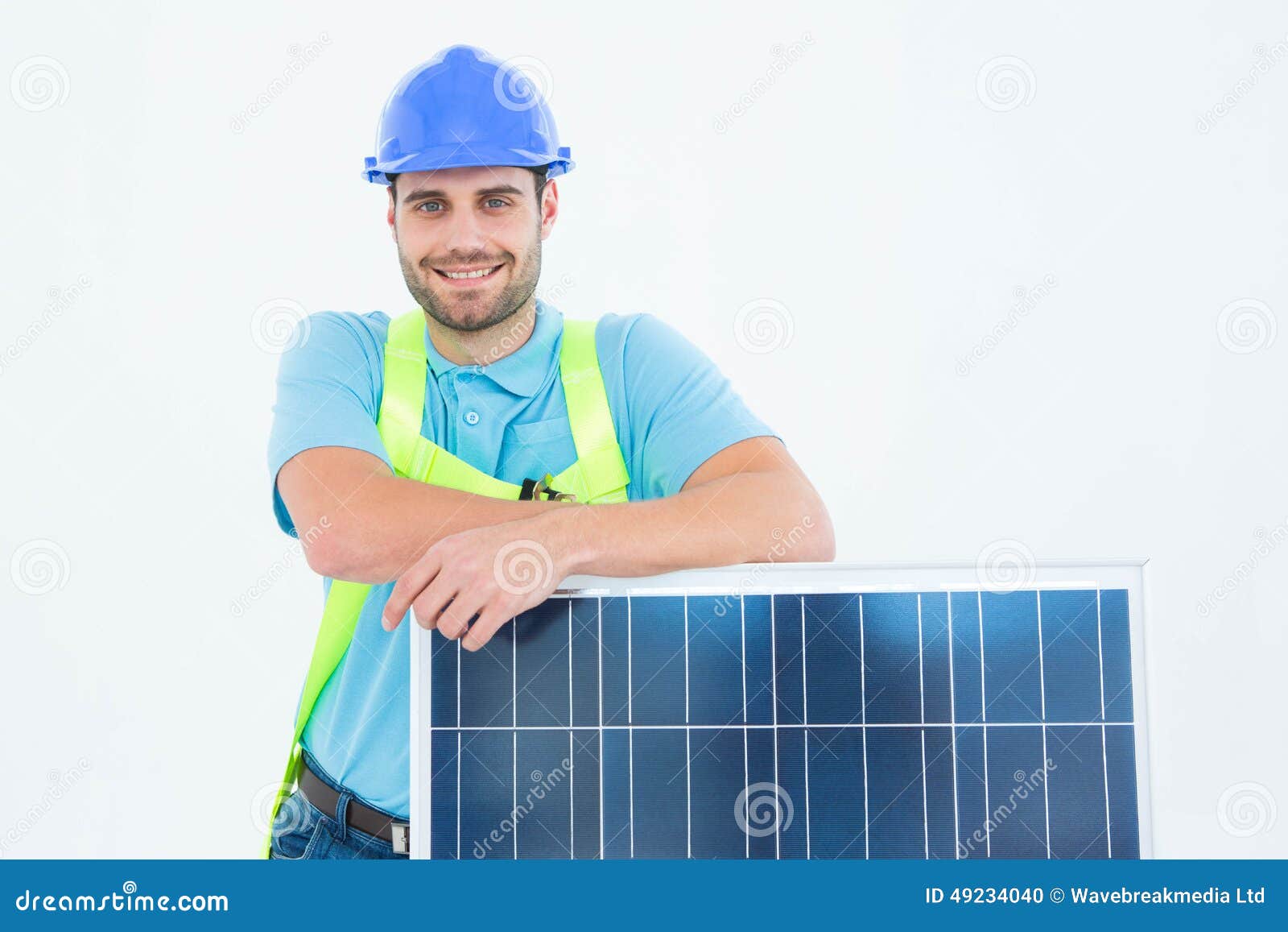 Happy Worker Leaning on Solar Panel Stock Photo - Image of leaning ...