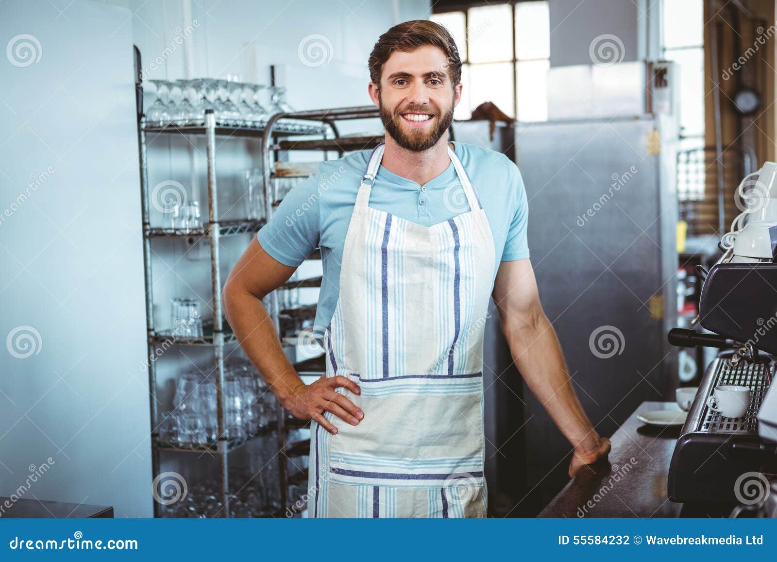 Happy worker making coffee stock photo. Image of cafe - 55584232