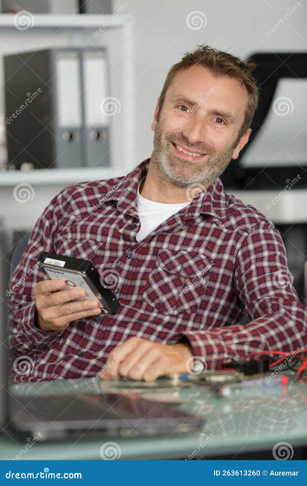 Happy worker in office stock photo. Image of playing - 263613260