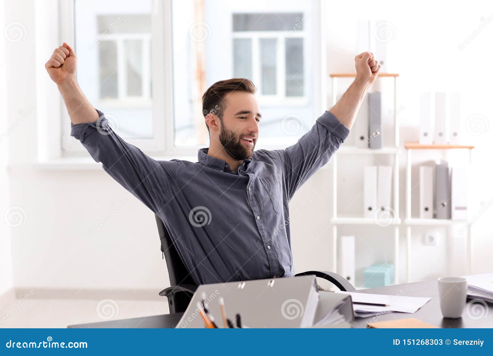 Happy Worker at Table in Office Stock Image - Image of emotional ...