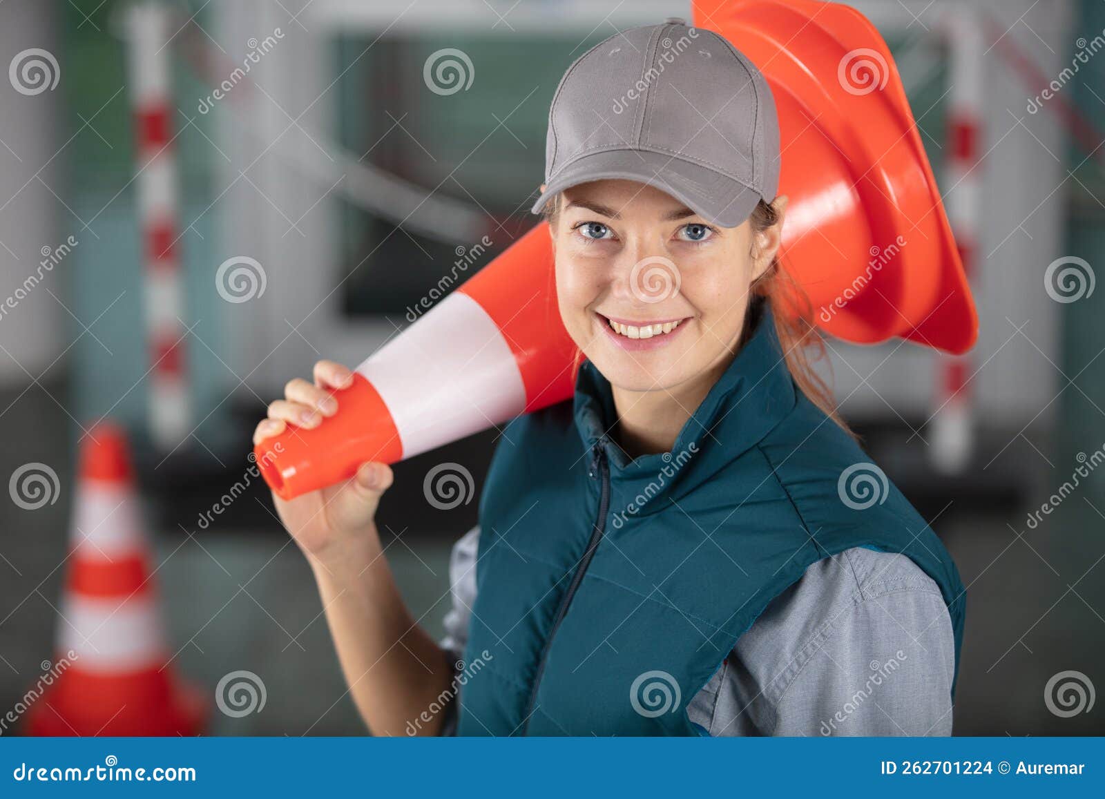 Happy Worker with Traffic Cone Stock Photo - Image of caucasian, ears ...