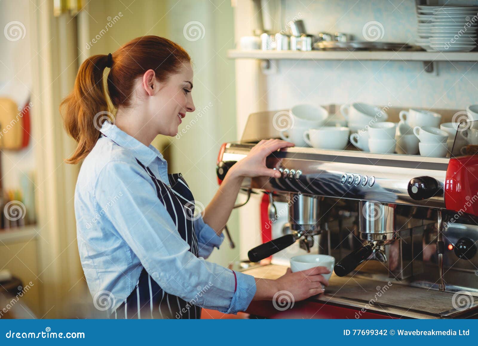 Happy Worker Using Machinery at Cafe Stock Photo - Image of making ...