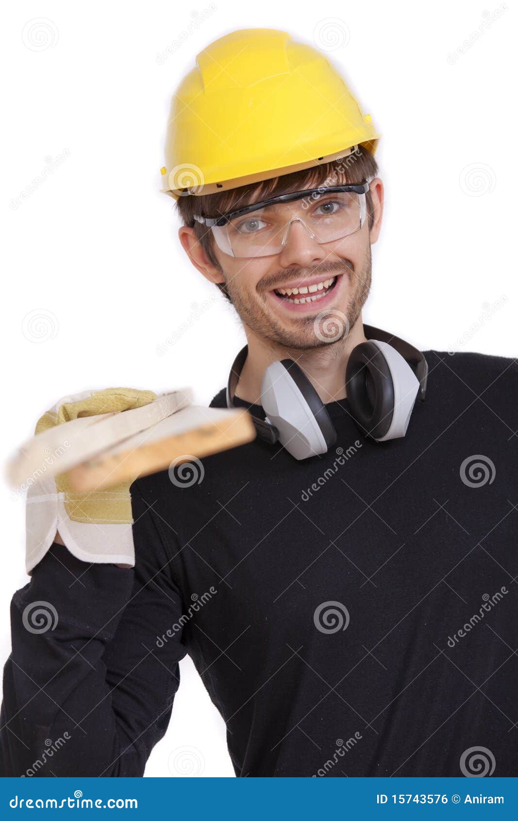 Happy worker with wood stock photo. Image of looking - 15743576