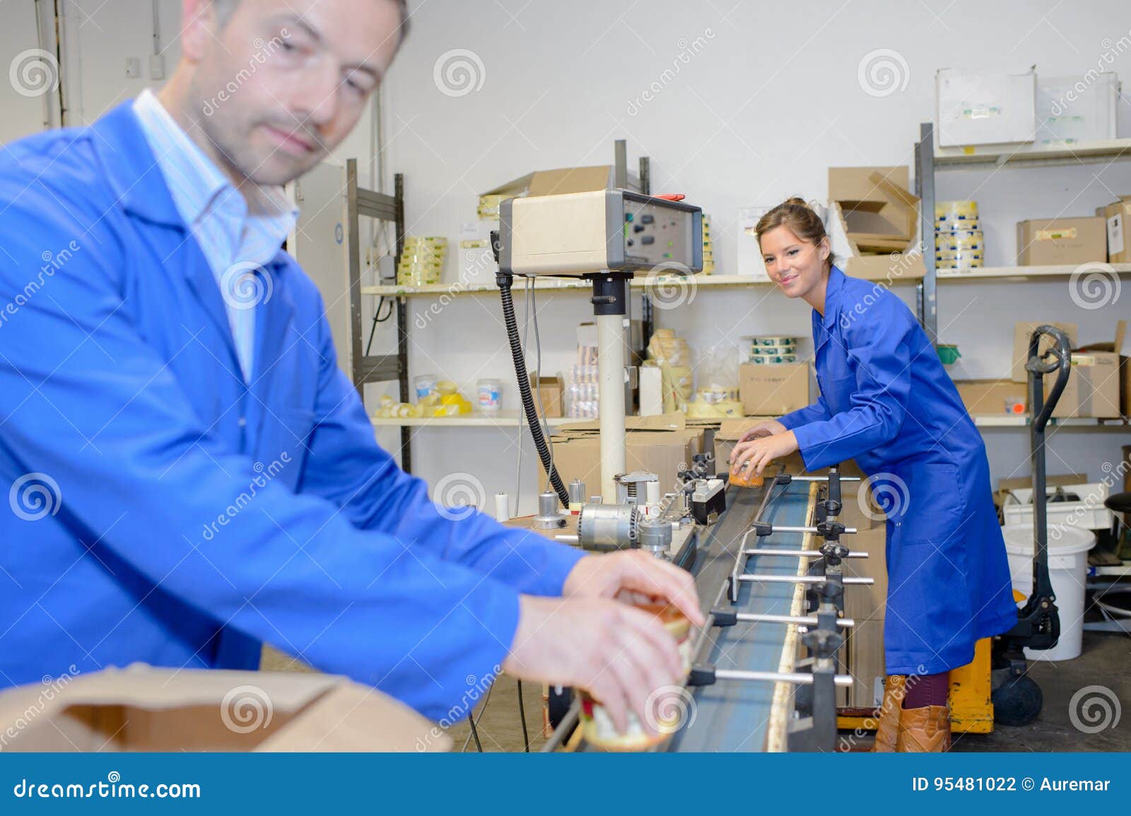 Happy Workers on Factory Line Stock Photo - Image of machines, holding ...