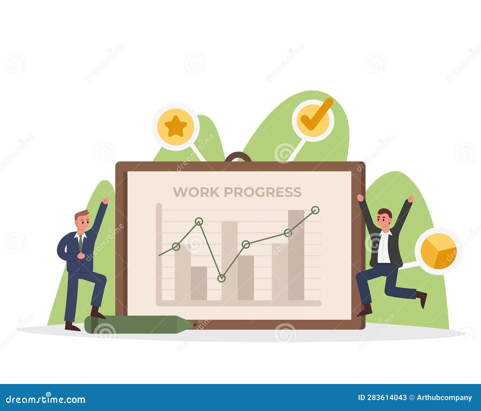 Happy Workers Looking at Chart with Progress of Work. Business Concept ...